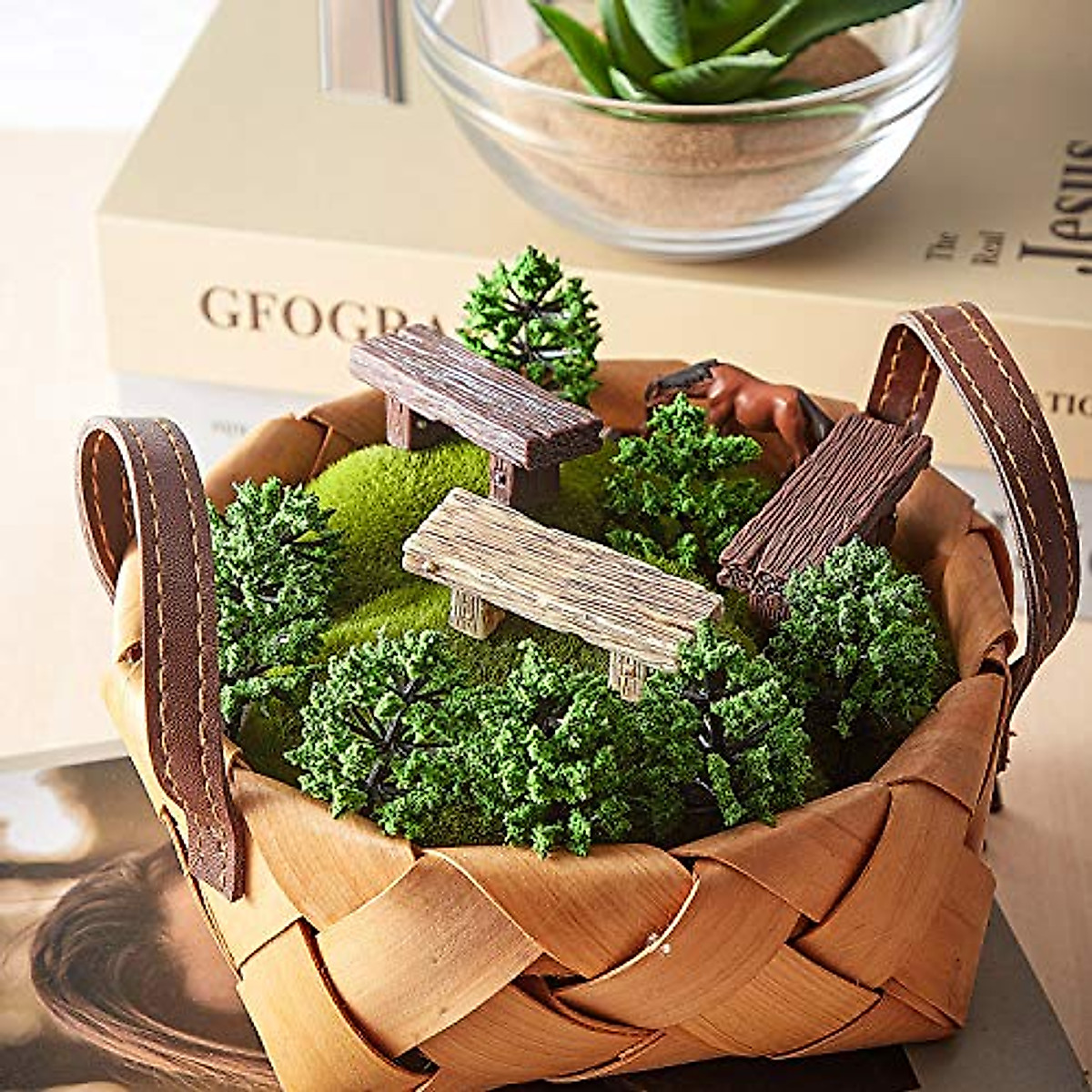 12 Pieces Miniature Fairy Garden Ornaments, Includes 6 Pieces Retro Wooden Style Benches, 6 Pieces Artificial Mini Root Stump for Moss Terrariums Landscape Dollhouse Accessories Decorations