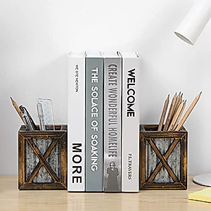 MyGift Rustic Burnt Wood Decorative Bookends, Wooden and Galvanized Metal Desktop Book Stands with Pen Holder Pencil Cup Stationery Storage Bins, 1 Pair