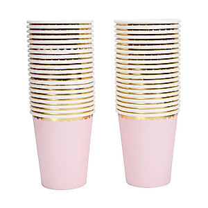 Geeklife Pink Gold Paper Cups with Metallic Gold Border Disposable Paper Cups 9oz for Wedding,Party and Cocktail,40 pcs