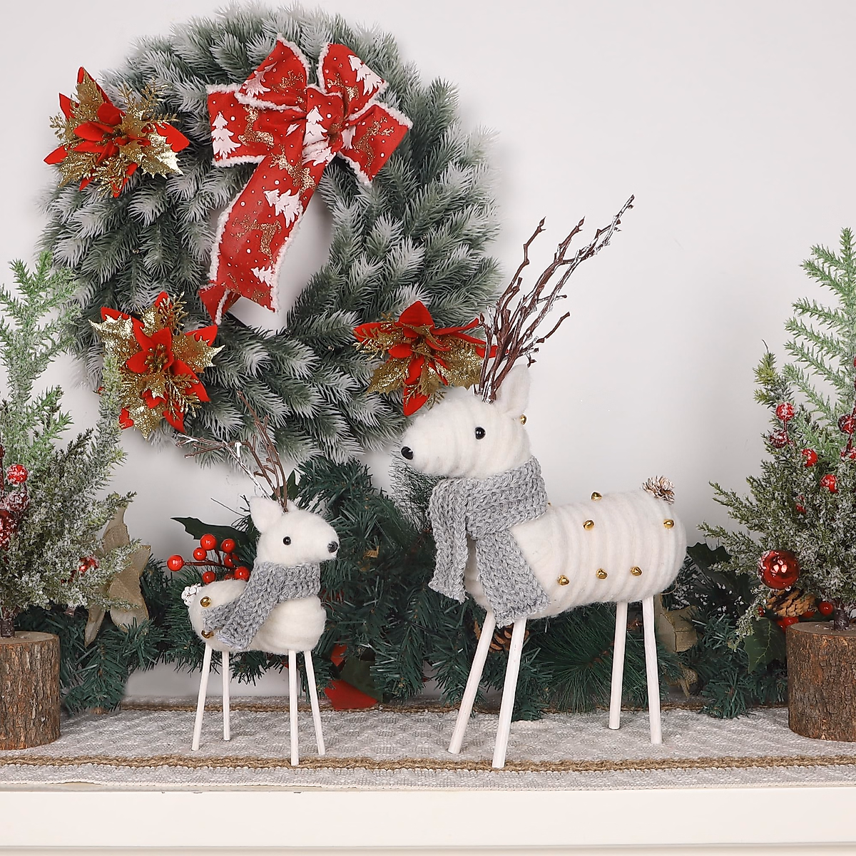 winemana 2 Pcs Plush Fabric White Figurines Reindeer with Scarf Bells Christmas Table Ornaments, Tabletop Standing Deer Christmas Decorations for Home Kitchen Centerpieces Xmas Winter Holiday Party