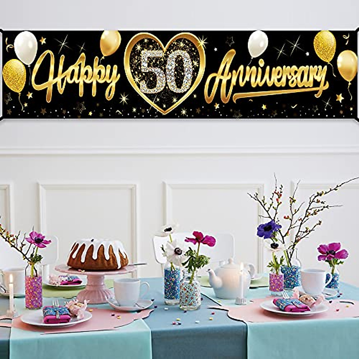 Happy 50th Wedding Anniversary Banner Decorations, Black Gold 50th Anniversary Sign Party Supplies, 50th Wedding Anniversary Decor Photo Booth for Outdoor Indoor
