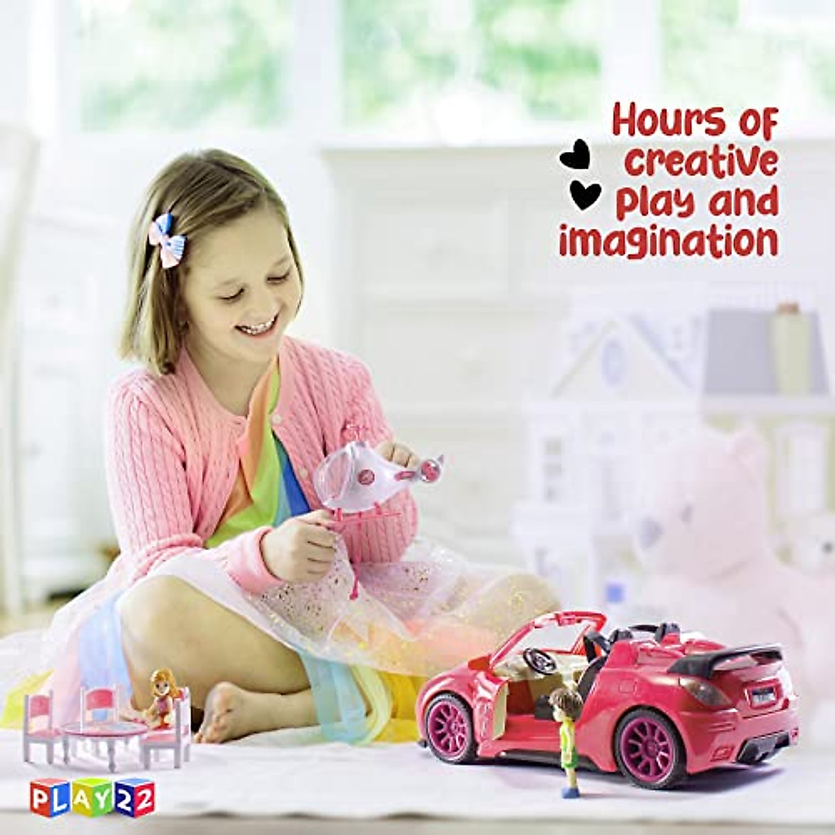 Play22 Pink Convertible 2-Seater Vehicle Doll Accessories with Lights and Sounds 10 Pc - Car for Dolls Set - Toy Car Includes Helicopter Doll, 2 Figurines, Dining Table Set - Great Gift