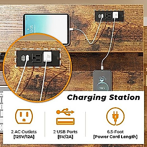 SUPERJARE 47 inch Computer Desk with LED Lights & Power Outlets, Home Office Desk with Monitor Shelf, Small Desk for Home & Office, Rustic Brown