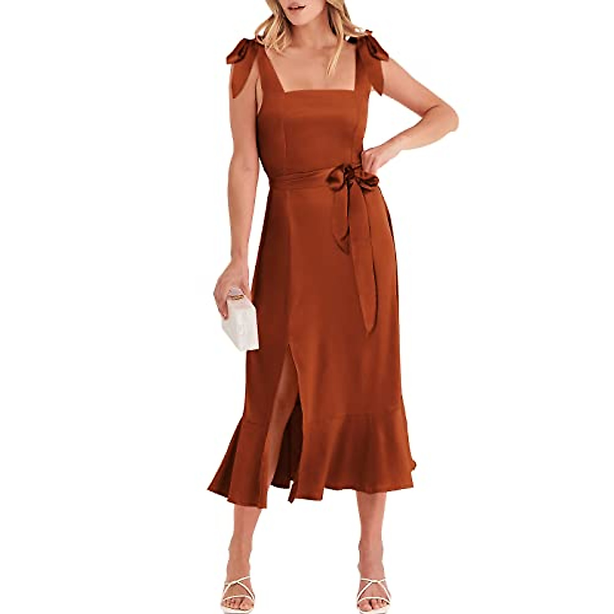 ANRABESS Women's Satin Formal Dress Square Neck Ruffle Split Midi Bridesmaid Dress for Wedding Guest Cocktail Party A1008jiaotang-M Caramel