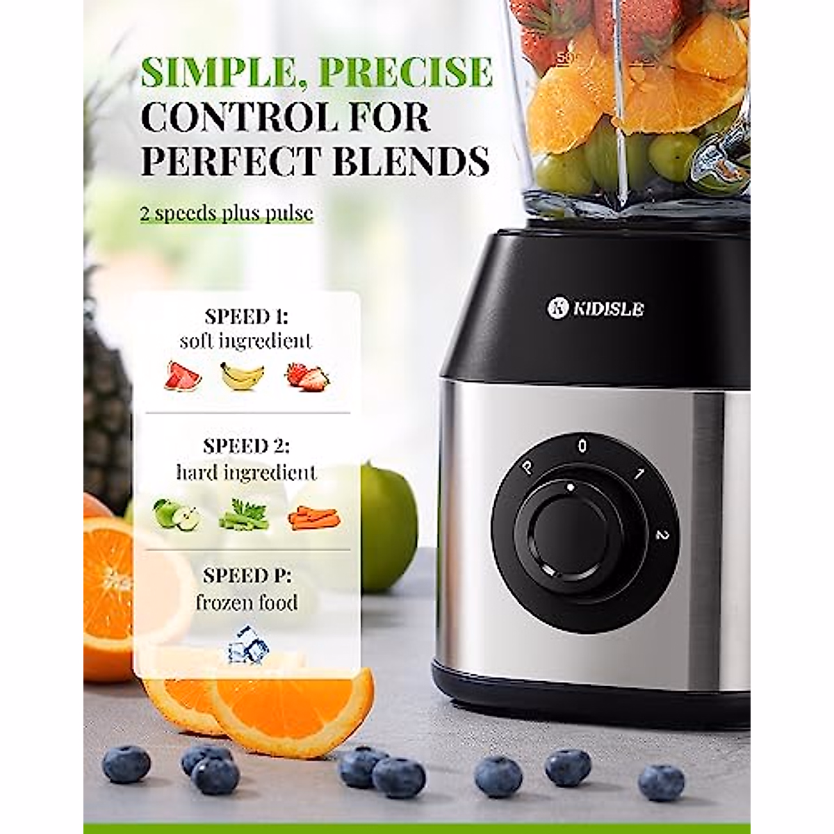 KIDISLE Professional Blenders for Kitchen, 1200W Powerful Smoothie Blender, 52oz Glass Jar for Shakes and Smoothies, Ice Crush, Frozen Fruit, Stainless Steel & Sliver