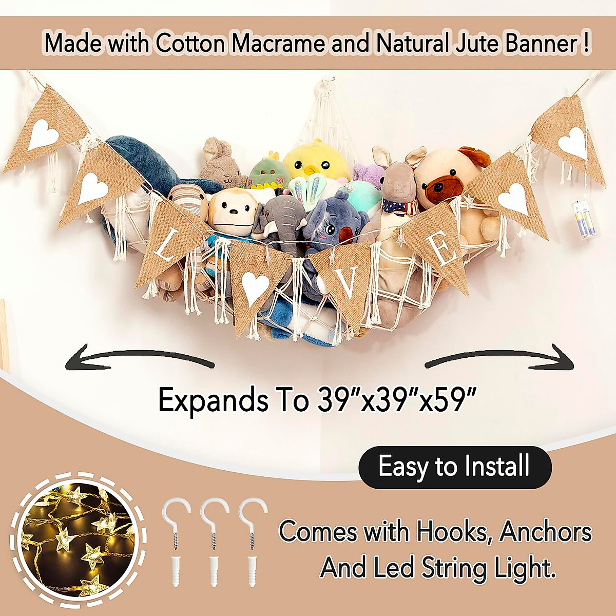 jontell Boho Nursery Storage Plushie Net Holder and Bow Hanging Holder Over Door