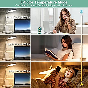 GOLSPARK Desk Lamp with Wireless Charger, Eye-Caring LED Desk Lamps for Home Office, Touch White Small Desk Light Dimming 3 Colors, 800LM, Gooseneck Study Lamp with Pen Holder for College Dorm Room