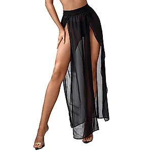 Verdusa Women's Chiffon Beach Swimsuit Cover Up Split Thigh Bikini Maxi Skirt Black L