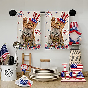 4th of July Kitchen Towels Set American Flag Cats Patriotic Hand Towel Poppy Hat Stripes Stars Dish Towel 2 Pack Absorbent Soft Dish Cloths Tea Towels for Summer BBQ Memorial Day Independence Day