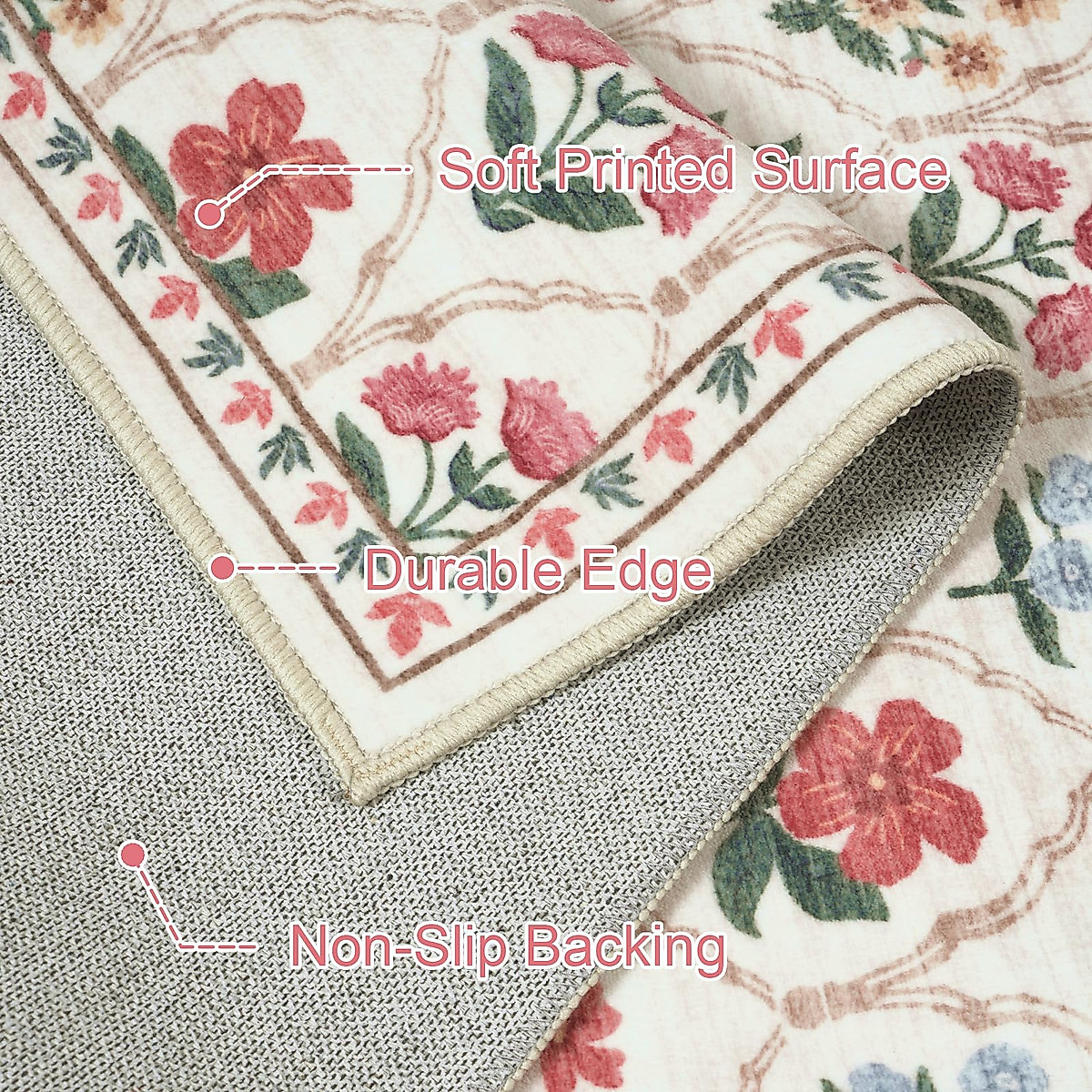 LIVEBOX Beige Living Room Rug 8x10, Soft Ultra-Thin Retro Rugs for LivingRoom, Thin Non-Slip Cream Rug for Bedroom, Low-Pile Floral Boho Rug for Dining Room(8 x 10ft, Beige/Multi)