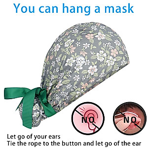 FADACHY Scrub Caps Women, Ponytail Holder Working Cap with Buttons Ribbon Tie Scrub Hats Nurse Cap, Long Hair