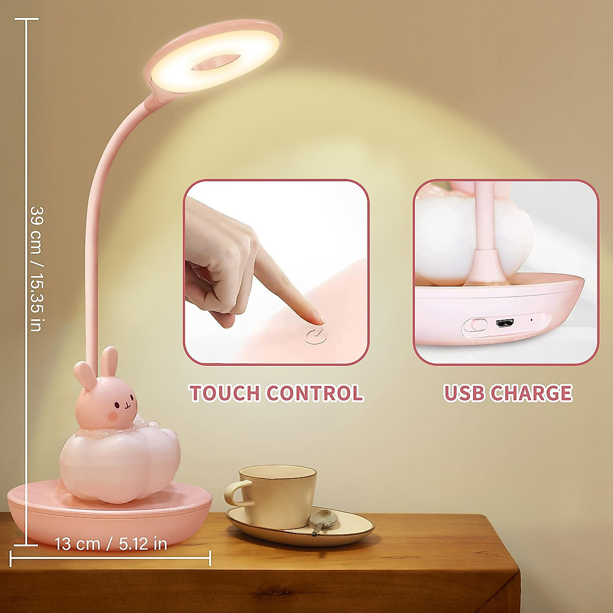 CompraFun Kids Desk Lamp Pink, Dimming Desk Lamp for Girls with Exclusive Cartoon Look, Cute Night Light for Kids Bedroom, Eye-Caring LED Portable Reading Lamp for Child, Unique Gift (Pink Rabbit)