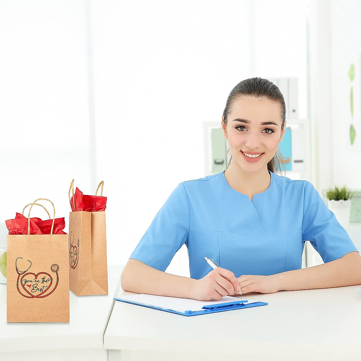 18 Brown Bags with Handles Reusable Brown Paper Gift Bags with 18 Sheet Tissue Papers Nurse Gift Bag Assorted Brown Paper Bags Nurses Week Bags Craft Bags for Nurse Party Supplies Shopping Boutique