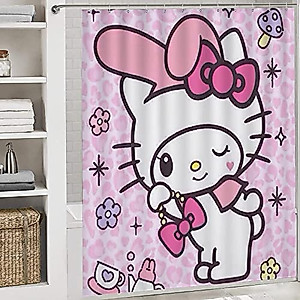 fmsnupz 4PCS Anime Shower Curtain Set, Cute Bathroom Decor with Non-Slip Rugs, Toilet Lid Cover and Bath Mat, Waterproof Fabric Shower Curtains with 12 Hooks, 70.8"x70.8"