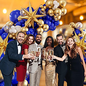 Royal Blue and Gold Balloon Garland Arch Kit, Blue and Gold Party Decorations with White Balloons Gold Confetti Latex Balloons for Anniversary Wedding New Year Graduation Birthday Party Decorations