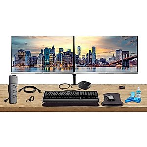 HP Home Office Bundle with 2 x E223 22" Monitors (HDMI, DisplayPort) USB-C Dock - Dual Monitor Stand - Wireless Keyboard and Mouse, Gel Wrist Pad - Surge Protector - 32GB USB Drive and More