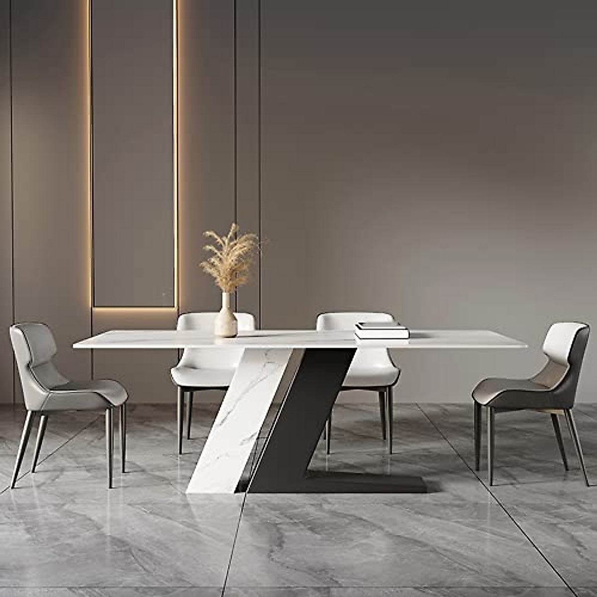 LITFAD Modern Sintered Stone Top Dining Table Rectangle Dinette Table Stainless Steel Base Restaurant Table - White 63" L x 31.5" W Table Only(Not Including Chairs)