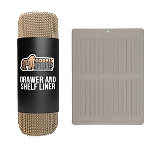 Gorilla Grip Drawer Liner and Silicone Dish Drying Mat, Non Adhesive Drawer Liner is in Beige Color, Size 12x20, Slip Resistant Drying Mat is in Almond Color, Size 16x12, 2 Item Bundle