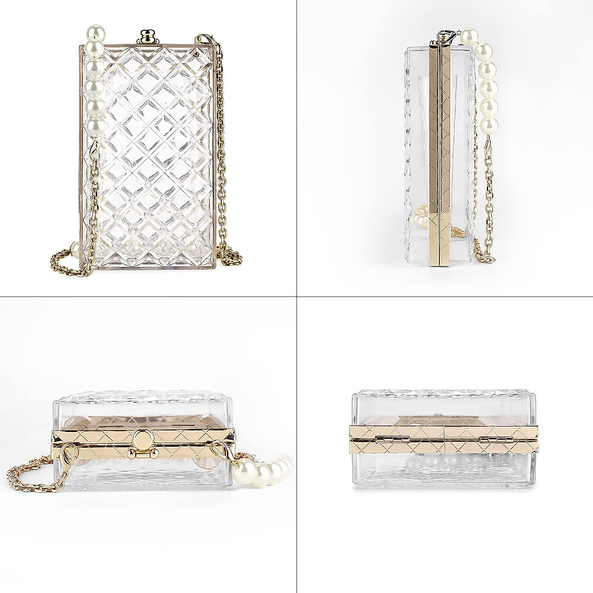 Linkidea Acrylic Clear Purse, Women's Clear Clutch Bag, Transparent Stadium Approved Crossbody Shoulder Evening Handbag with Detachable Pearl Chain for Wedding, Party
