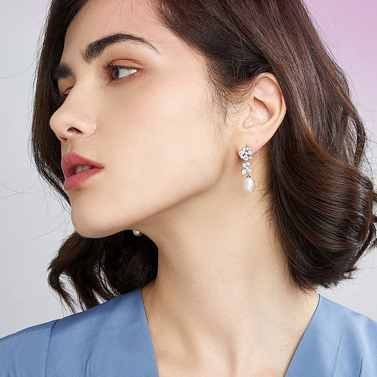 QuakerBird Freshwater Cultured Genuine Pearl Drop Earrings for Women Sterling Silver 9-10 mm Pearls Tennis Cluster CZ Dangle Stud Earrings Wedding (01, ivory)