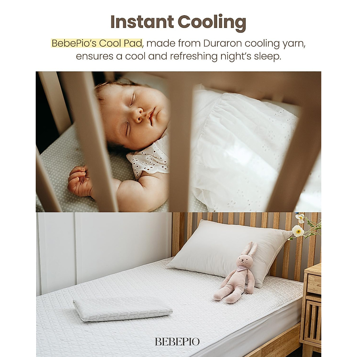 BebePio Duraron Cooling Mattress Topper Pad – Q-max 0.4 Chilling Effect Summer Blanket for Hot Sleepers & Babies – Quick Dry, Breathable, Cool Bed Throw (White, Grey), Mini