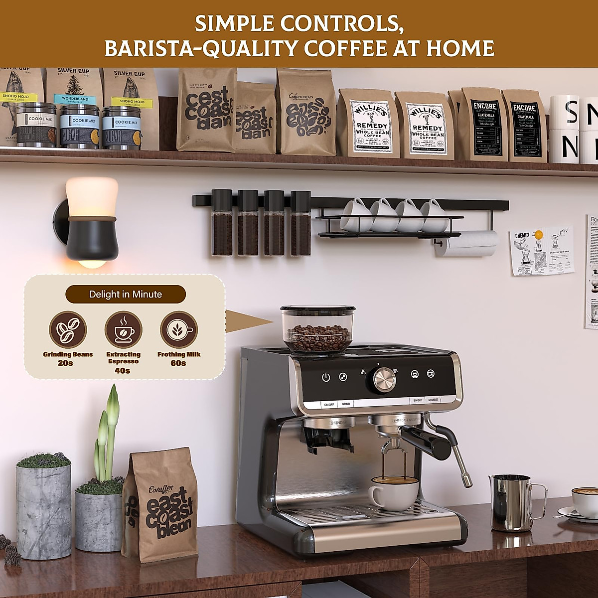 GarveeHome Espresso Machine 20 Bar With Grinder & Steam Wand – All In One Espresso Maker & Espresso Machine With Grinder for Home, Dark Gray