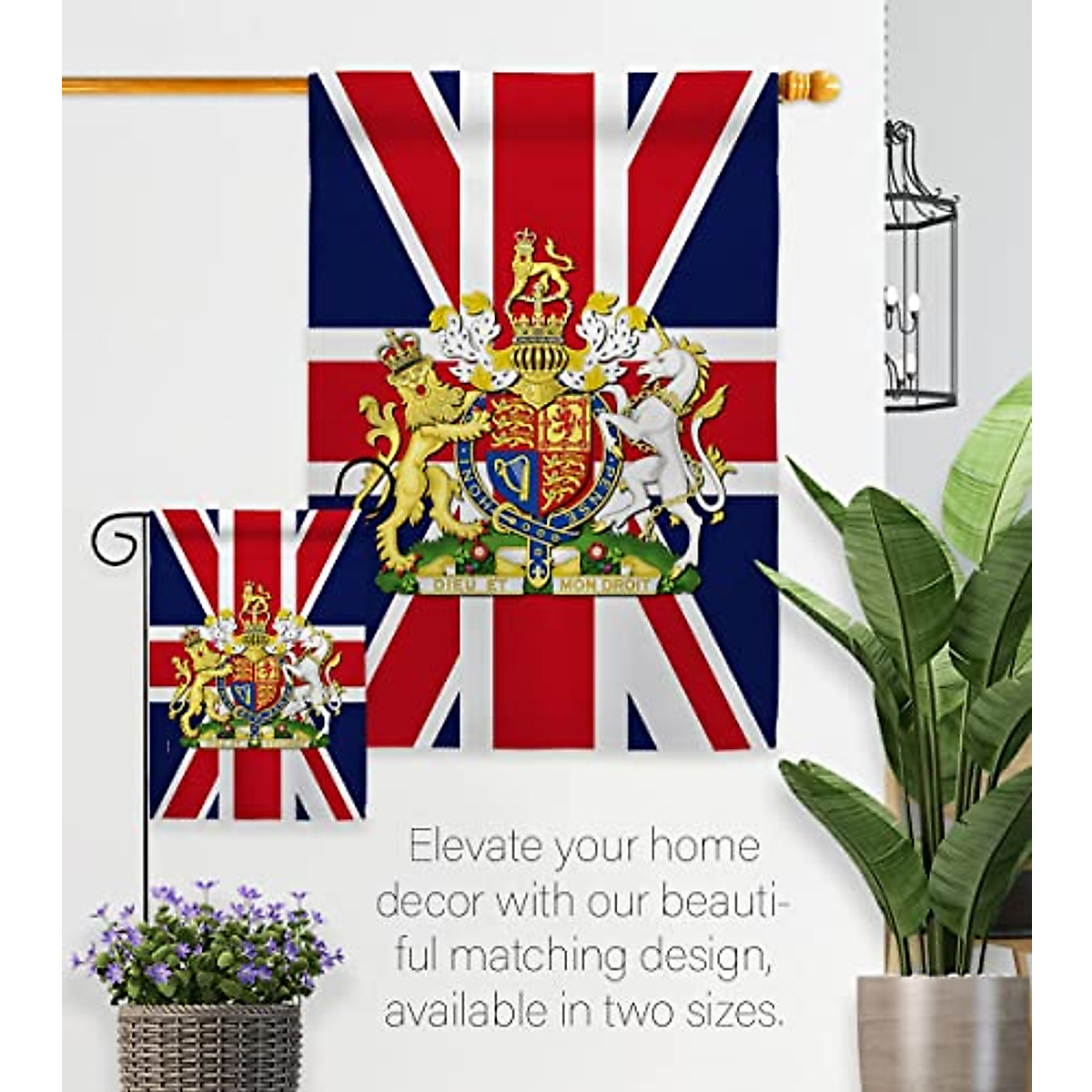 Queen Elizabeth II Flag Coat of Arms United Kingdom Garden Flag - Set Wood Dowel Sweet Life Sympathy Remembrance Bereavement Emotion Postive - House Banner Small Yard Gift Double-Sided 13 X 18.5