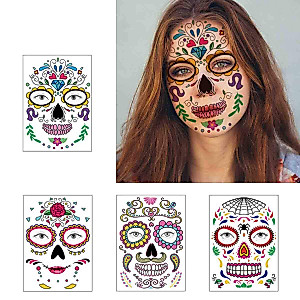 COKOHAPPY Halloween Temporary Face Tattoos Makeup Kit (13 Pack), Day of the Dead Sugar Skull Floral Black Skeleton Web Red Roses Full Face Mask Stickers Tattoo Families Party Supplies