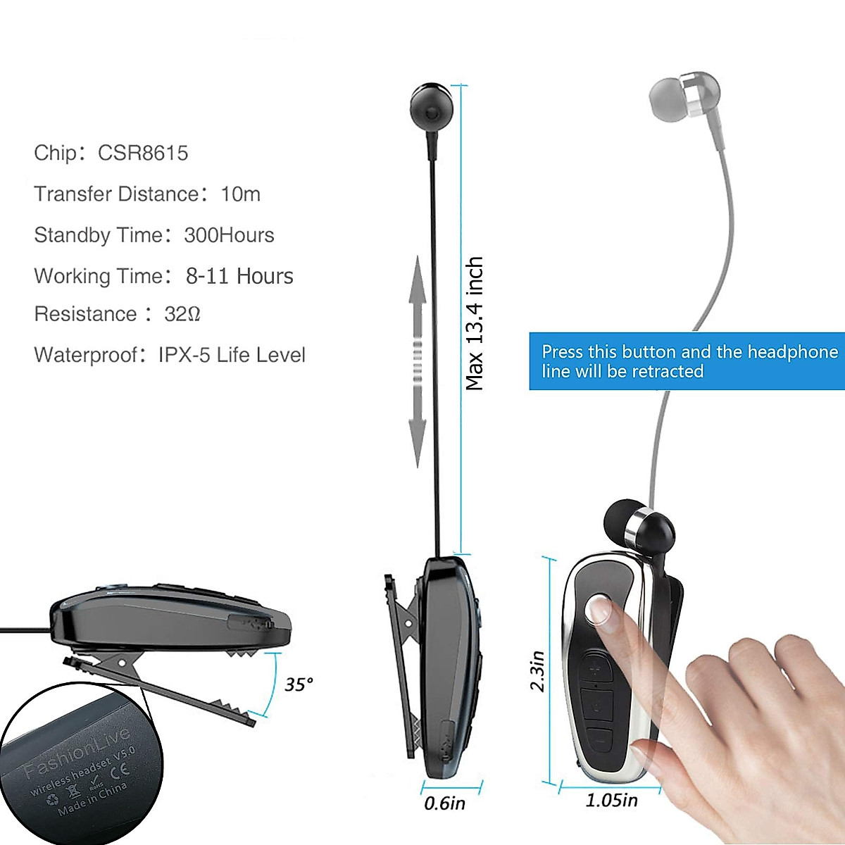 Retractable Wireless Headphone Headset Stereo Earphone lightweight V5.0 Noise Cancelling Mic Clip on Earpiece workout Sports running Business Trucker Driver Music Earbuds For Iphone android Phone