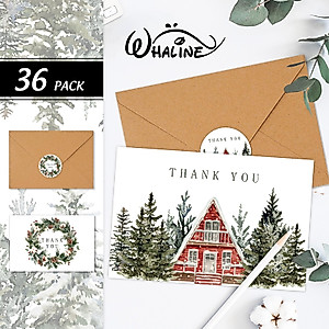 Whaline 36 Packs Christmas Thank You Cards Watercolor Xmas Pine Tree Greeting Cards Winter Forest Blank Note Cards with Envelopes and Stickers for Wedding Birthday Holiday, 4 x 6 Inch