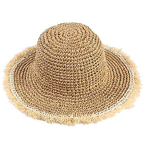 Floppy Straw Sun Hat for Womens Foldable Packable Wide Brim Summer Beach Hat Crochet Frayed Bucket Hat (M, Khaki)