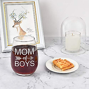 Mom of Boys Funny Stemless Wine Glass for Mom Mother Wife from Daughter Son Husband or Daily Use 15Oz