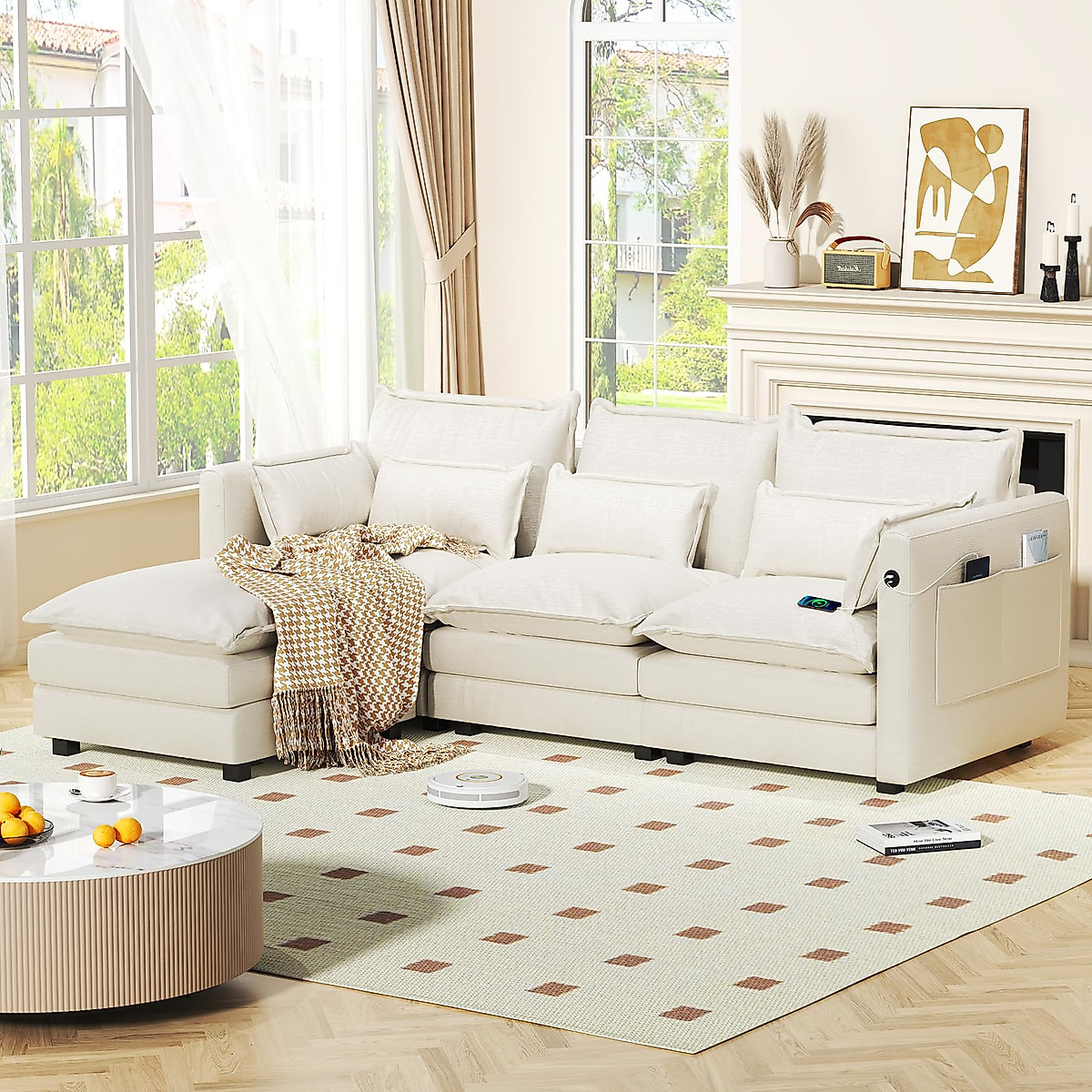 DYHOME L Shaped Couch Sectional Sofa Comfy Cloud Couch for Living Room, Deep Seat Modular Sectional Sofa with Padded Armrests, Pillows, and Charging Station, Modern Chenille, 3 Seat Cream White