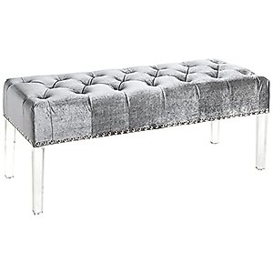 Roundhill Furniture Valley Button Tufted Velvet Upholstered Bench with Acrylic Leg, Grey