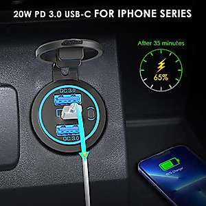 Newest 12V USB Outlet Ouffun 56W 12V USB C Car Charger Socket 20W PD USB-C & Dual 18W QC3.0 Car USB Port 12V Socket with Power Switch Waterproof DIY Outlet for Car Boat RV Marine Motorcycle Golf Cart