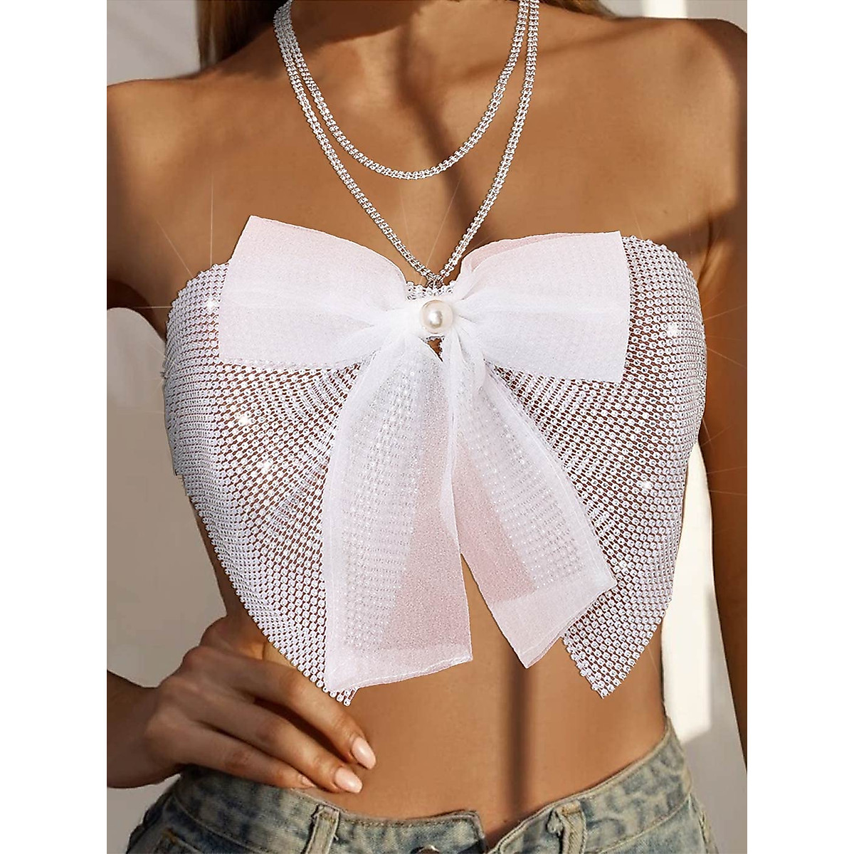 Wriidy Rhinestone Bra Bikini Sparkly Beach Top Mesh Fishnet Pearl Underwear Body Chain Accessories Nightclub Jewelry for Women and Girls (White)