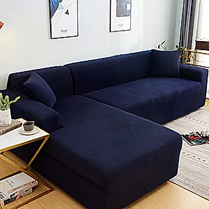 IMYOGI High Stretch Sofa Covers L Shape Modern Style Furniture Protector Softness Sectional Sofa Cover Polyester Sofa Slipcovers Non Slip Couch Covers with Elastic Bottom -Dark Blue-4 Seater+4 Seater