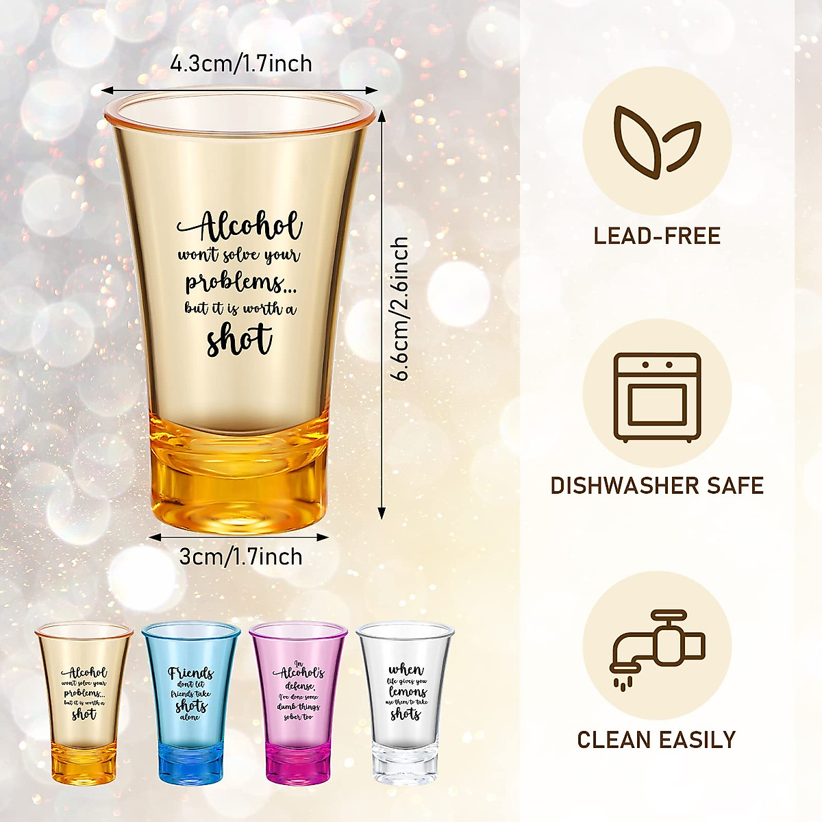 Zeyune 1.2oz Colorful Shot Glasses Acrylic Unbreakable Party Shot Glasses Compatible with 6 Shot Glass Dispenser and Holder(Clear, Yellow, Blue, Purple, 24 Pcs)