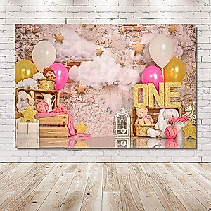 MEHOFOND 7x5ft Pink Gold Balloon Girl First Birthday Party Backdrops Sweet One Retro Brick Wall Cloud Gold Stars Photography Background Portrait Photo Studio Decoration Banner Props for Cake Smash