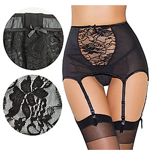 Plus Size Garter Belt - High-waisted Sheer Lace Garter Belt with 6pcs Garters, Hooks and G-string for Women, Sexy Panties, underwear, lingerie (Black, XL)