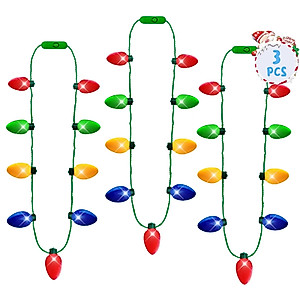 EOBOH 3PCS Light up Christmas Necklace, Christmas Bulb Necklace Light Party Favors, Xmas Red Yellow Blue Green Glow Necklace, 3 Modes Light Necklace Accessories for Ugly Sweater New Year Bulk