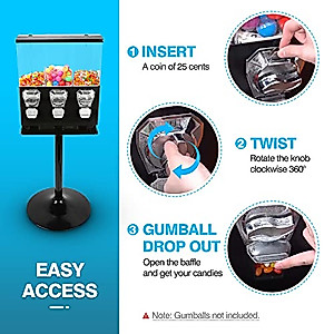 IRONWALLS Commercial Candy Vending Machine with Stand, Black Capsule Toy Gumball Vending Machine for Business, 25 Cent Coin Operated Metal Candy Dispenser Machine with 3 Canisters for Store, Park