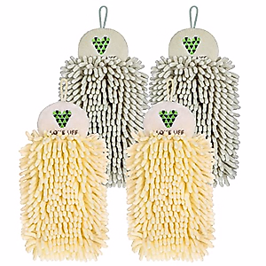 Kinlop 4 Pcs Chenille Hand Towels with Hanging Loops Bathroom Kitchen Hanging Towels Microfiber Finger Towels for Bathroom Soft Absorbent Drying Hand Bath Towel Fuzzy Ball Towel, Beige and Light Green