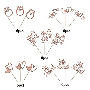 30 Pack He Asked She Said Yes Cupcake Toppers Glitter Heart Ring I do Cupcake Picks Bridal Shower Cake Decorations for Wedding Engagement Theme Party Supplies Rose Gold