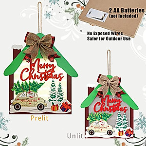 KIMOBER Lighted Merry Christmas Hanging Sign,Battery Operated Rustic Wooden Cabin Hanging Xmas Sign for Front Door Outdoor Indoor Decorations