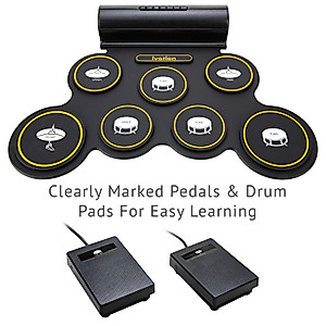 Ivation Portable Electronic Drum Pad - Digital Roll-Up Touch Sensitive Drum Practice Kit - 7 Labeled Pads 2 Foot Pedals Kids Children Beginners (with Speaker and Built in Rechargeable Battery)