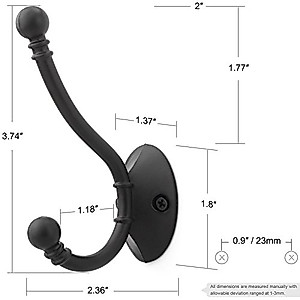 6 PCS 3-3/4 Inch Double Prong Retro Coat and Hat Hook Heavy Duty Metal Wall Hangers with Ball Ends (Screws Included), Flat Black