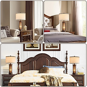 RORIA Set of 2 Farmhouse Table Lamps for Living Room with 2 USB Ports, Vintage Rustic Nightstand Lamps with Amber Glass Nightlight, Retro Desk Lamps for Bedroom Entryway, 4 Bulbs Included (Brown)