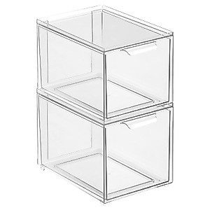 mDesign Plastic Stackable Bathroom Storage with Pull Out Bin Organizer Drawer for Cabinet, Vanity, Shelf, Cupboard, Cabinet, or Closet Organization - Lumiere Collection - 2 Pack - Clear