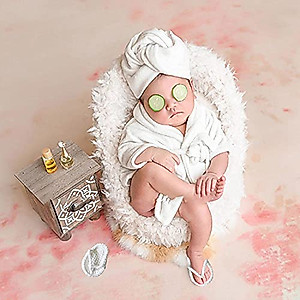 5PCS Newborn Photography Outfits, DISTART Baby Hooded Plush Towel Cotton Bathrobes Bath Outfit with Slippers Photo Props for Toddle Infant Girls and Boys Shower Shoot Gift (White), 0-6 Months